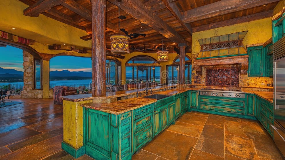 Mountain View Luxury Kitchen; Sunset, Rustic Design, Interior Stock ...
