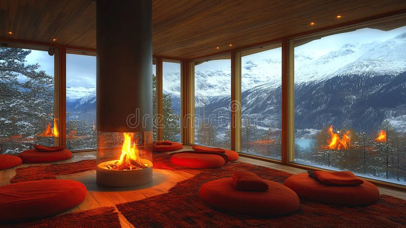 Mountain View Meditation Room Fire Winter Retreat Stock Photo - Image ...