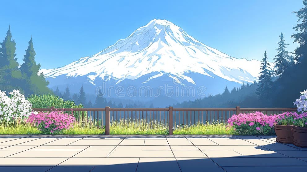 Mountain View Patio Scene stock illustration. Illustration of garden - 392599635