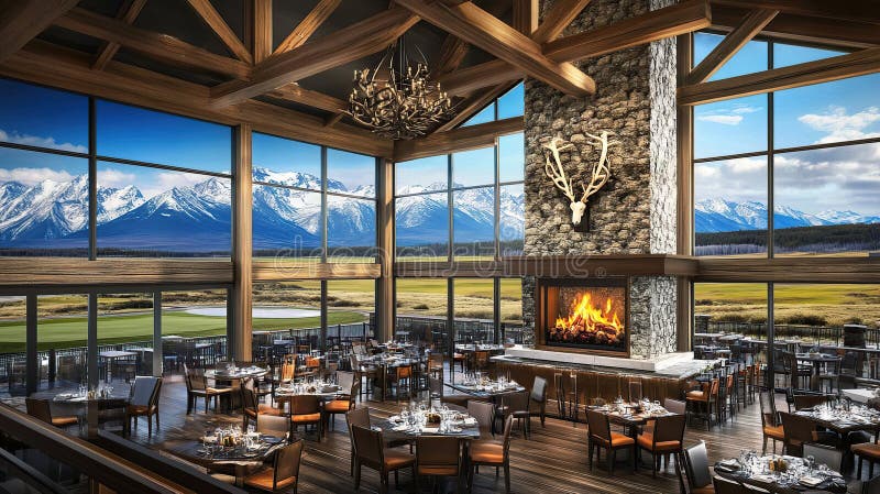 Mountain View Restaurant Interior, Fireplace, Dining Stock Image ...