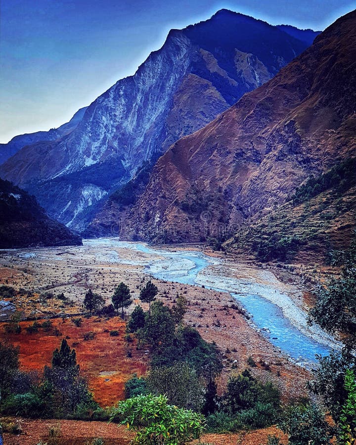 Mountain View River Nature Greenery UK Valley Chamoli Stock Photo ...