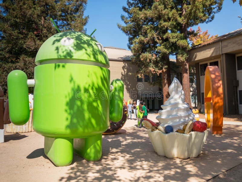 Googleplex Office In Silicon Valley. Huge Google Sign, Android Robot ...