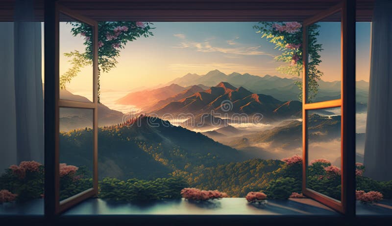 Mountain View through Window, Nature Landscape Background. Stock ...