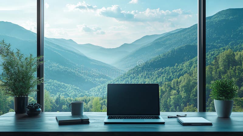Mountain View Workspace with Modern Desk, AI Generated Stock ...