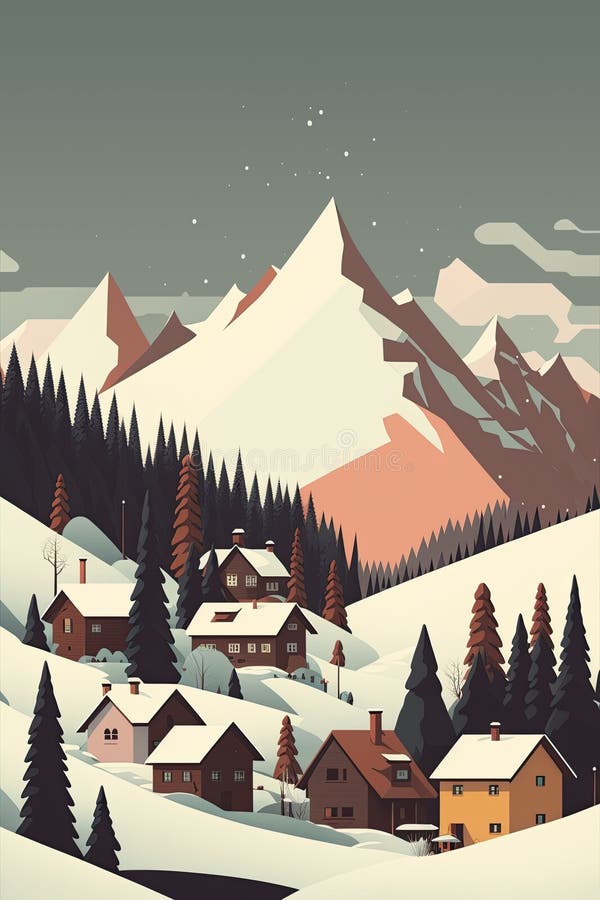 Mountain Vilage - Minimalistic Flat Design - AI Generated Image Stock ...
