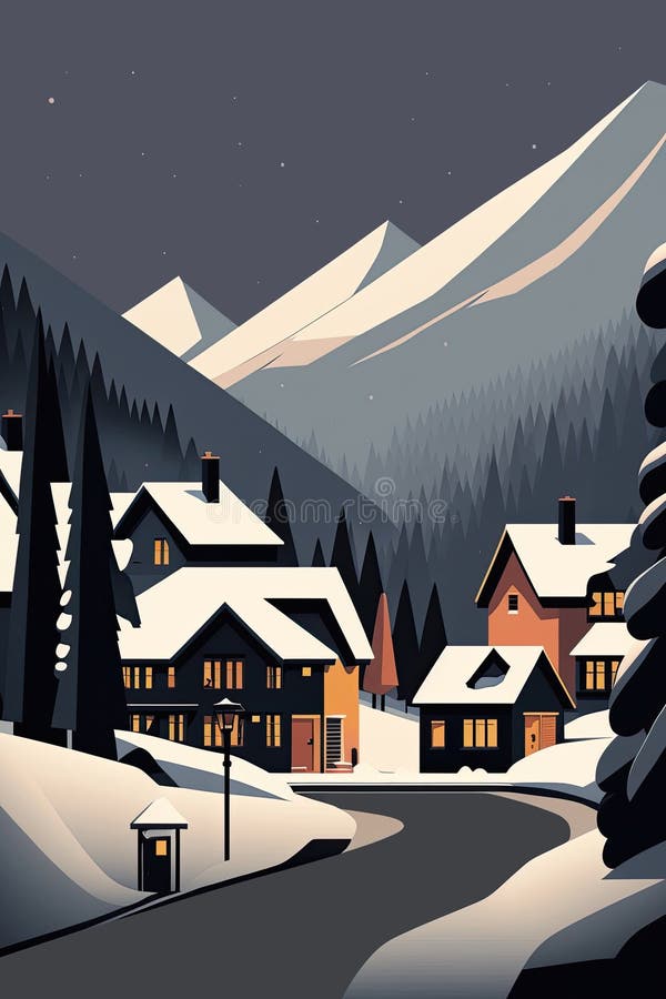 Mountain Vilage - Minimalistic Flat Design - AI Generated Image Stock ...