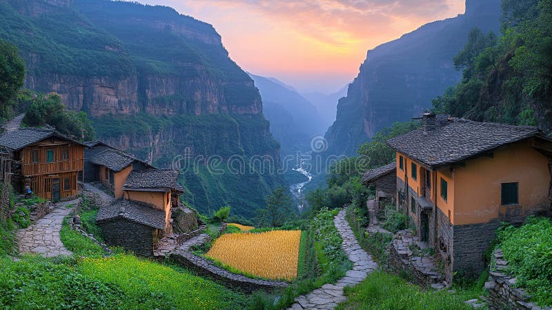 Mountain Village Nestled in a Valley at Sunset. Terraced Fields and ...