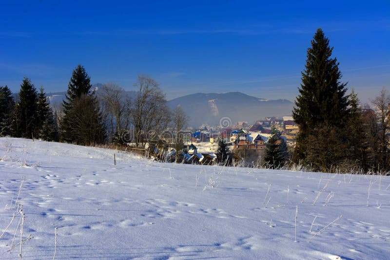 Mountain Village in Snow Gully between the Mountains Stock Photo ...