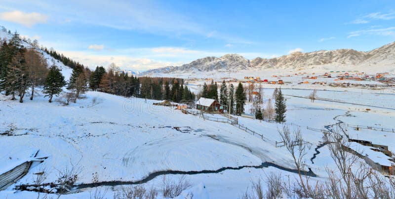 Mountain Village Winter Brook Stock Image - Image of forest, pattern ...