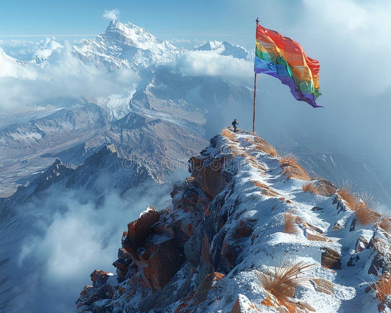 A Mountain Vista with a Pride Flag Planted at the Peak with Climbers ...