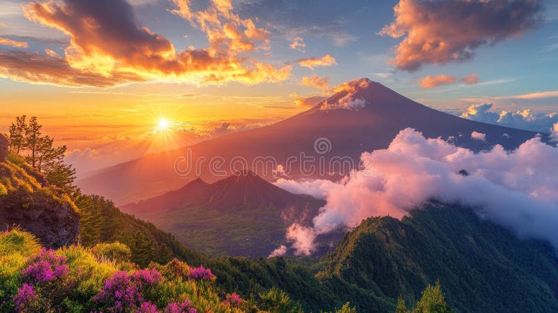 Mountain Volcano Sunset, a Scenic View of a Mountain Range with an ...