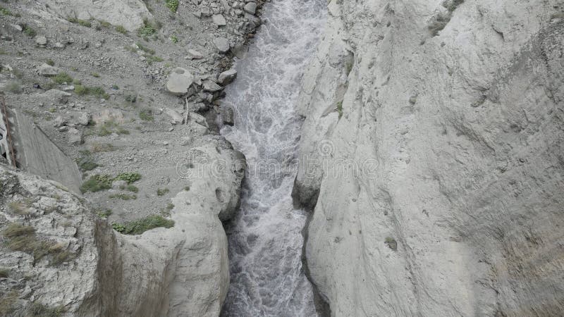 Mountain Waterfall. Action. Thin Streams with Drops of Water Run Over ...