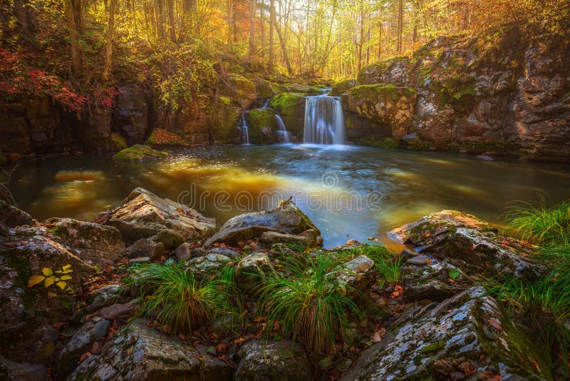 Autumn mountain waterfall stock image. Image of season - 250875327
