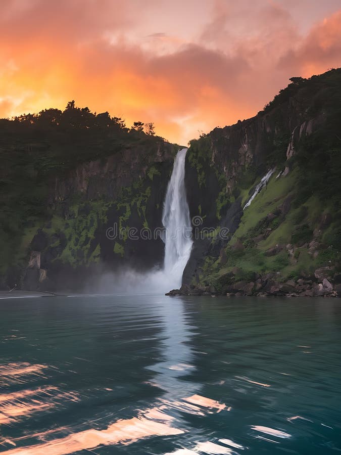 A Mountain Waterfall Flows into the Ocean Stock Illustration ...