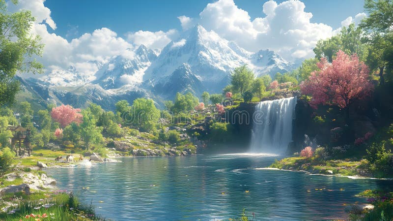 Mountain Waterfall Lake Illustration Stock Photo - Image of beauty ...