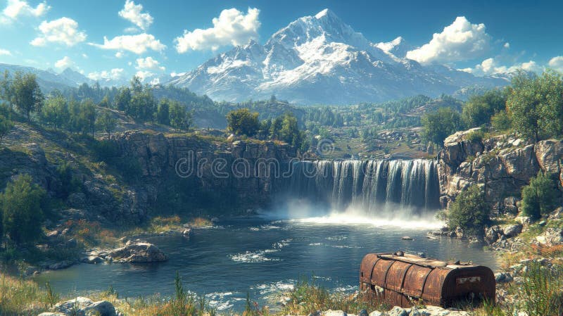 Mountain Waterfall Landscape with Chest Stock Illustration ...