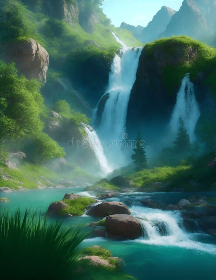 Mountain Waterfall, Mountain Landscape Illustration Stock Illustration ...