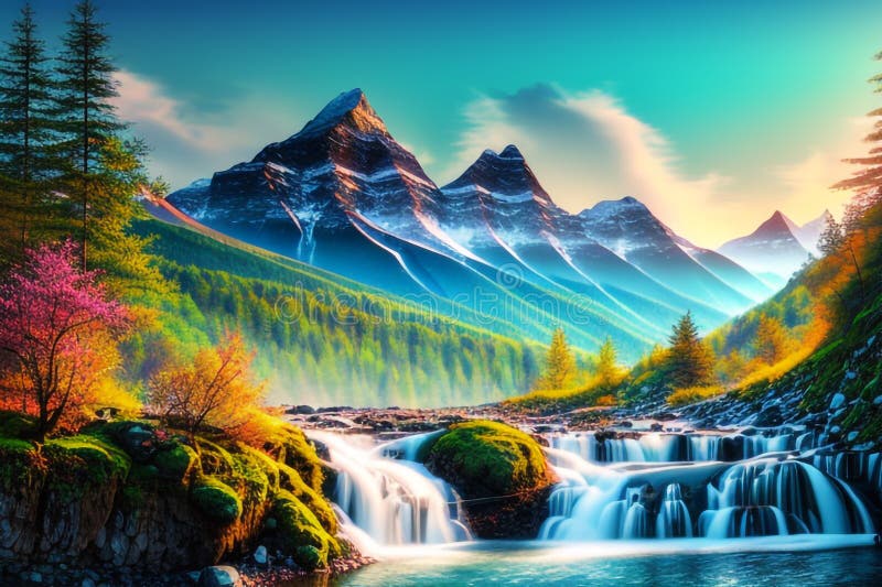 Mountain and Waterfall Landscape 029 Stock Illustration - Illustration ...