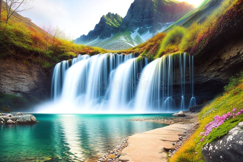 Mountain and Waterfall Landscape 026 Stock Illustration - Illustration ...