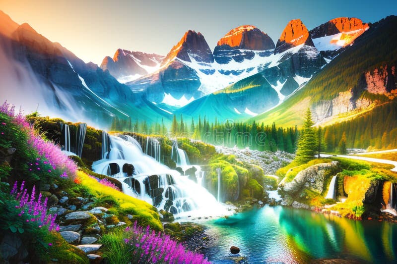Mountain and Waterfall Landscape 006 Stock Illustration - Illustration ...