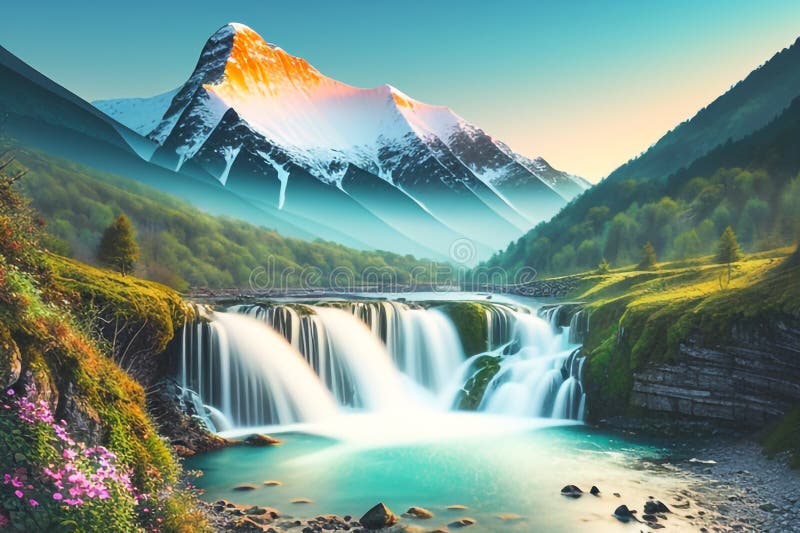 Mountain and Waterfall Landscape 005 Stock Illustration - Illustration ...