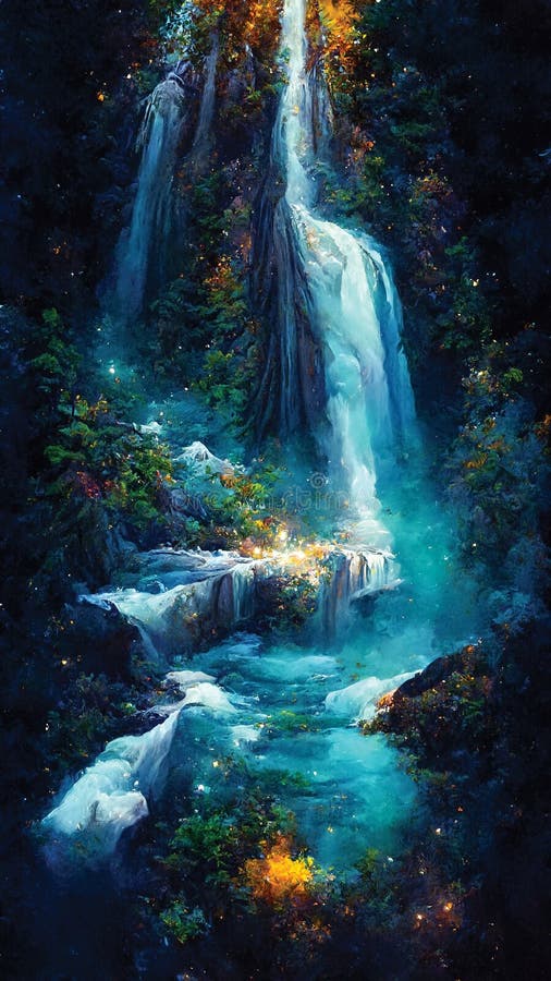 Mountain Waterfall at Night, Dark Blue Digital Art, Vertical Design ...