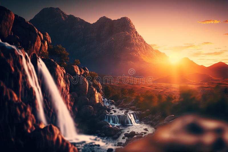 Mountain and Waterfall on Sunset Sky Abstract Background with Bokeh ...