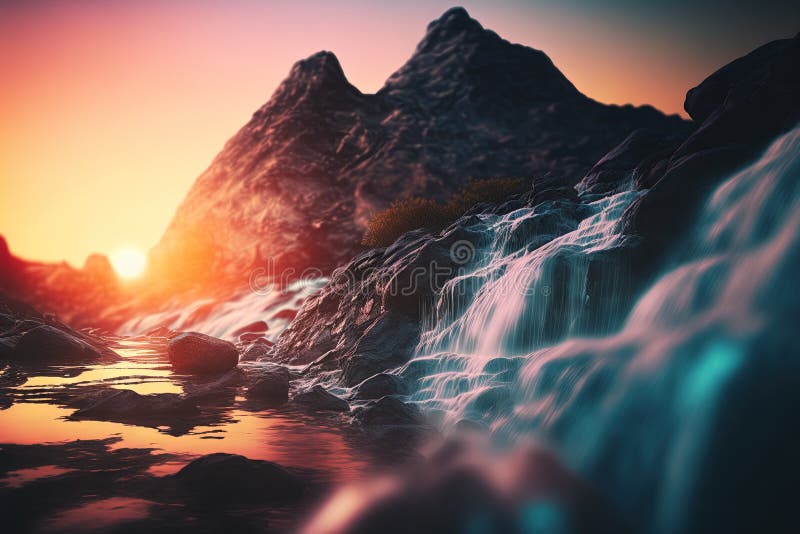 Mountain and Waterfall on Sunset Sky Abstract Background with Bokeh ...