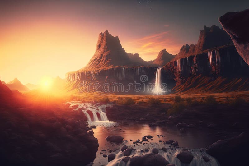 Mountain and Waterfall on Sunset Sky Abstract Background with Bokeh ...