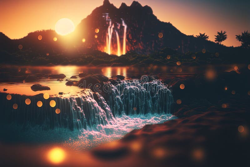 Mountain and Waterfall on Sunset Sky Abstract Background with Bokeh ...