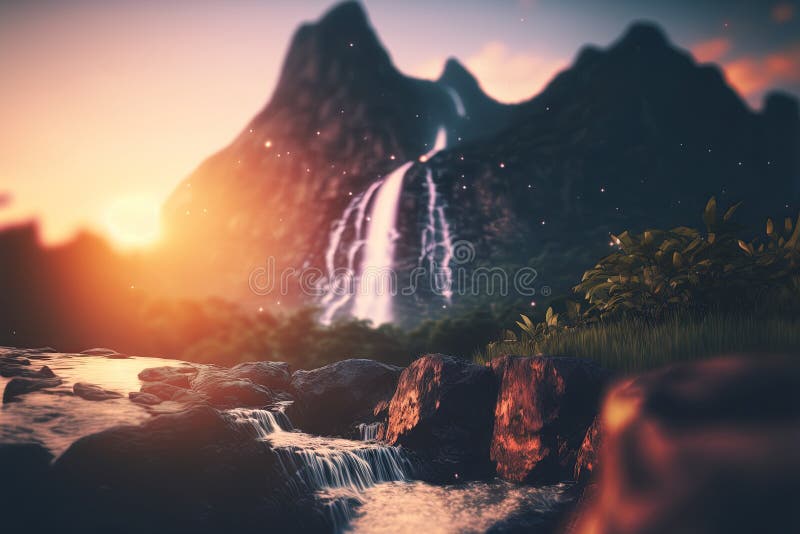 Mountain and Waterfall on Sunset Sky Abstract Background with Bokeh ...