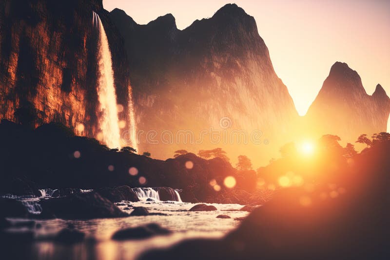 Mountain and Waterfall on Sunset Sky Abstract Background with Bokeh ...