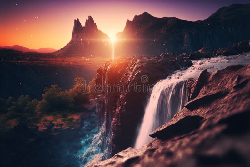 Mountain and Waterfall on Sunset Sky Abstract Background with Bokeh ...