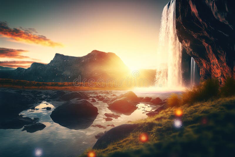 Mountain and Waterfall on Sunset Sky Abstract Background with Bokeh ...