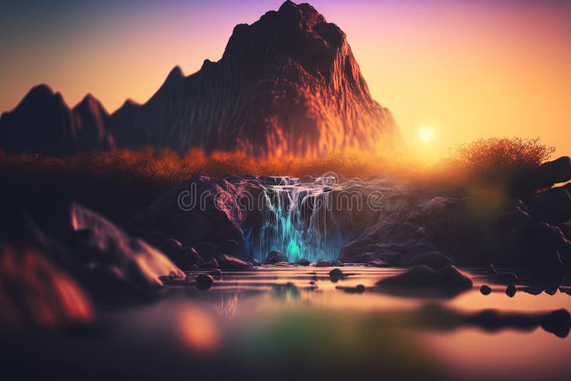 Mountain and Waterfall on Sunset Sky Abstract Background with Bokeh ...