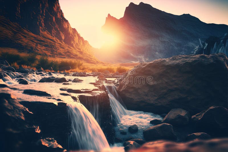 Mountain and Waterfall on Sunset Sky Abstract Background with Bokeh ...