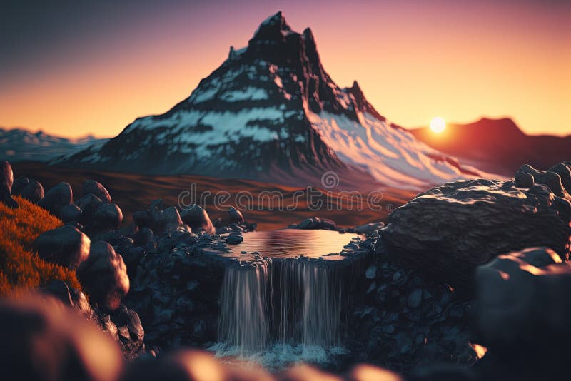 Mountain and Waterfall on Sunset Sky Abstract Background with Bokeh ...