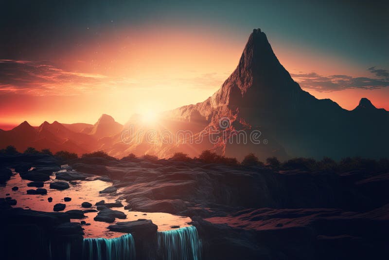 Mountain and Waterfall on Sunset Sky Abstract Background with Bokeh ...