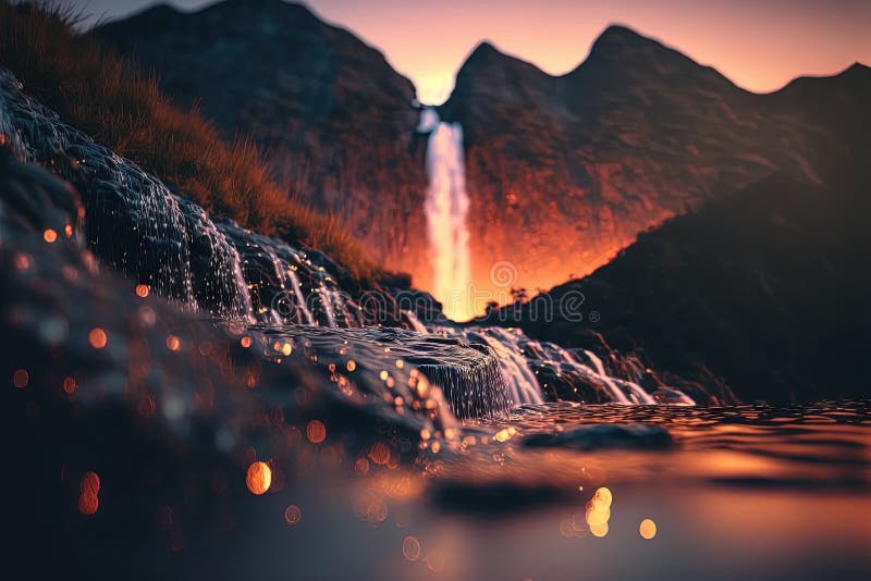 Mountain and Waterfall on Sunset Sky Abstract Background with Bokeh ...