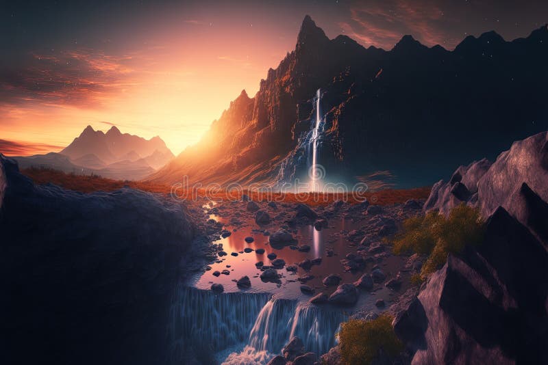 Mountain and Waterfall on Sunset Sky Abstract Background with Bokeh ...