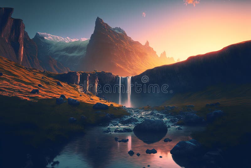 Mountain and Waterfall on Sunset Sky Abstract Background with Bokeh ...