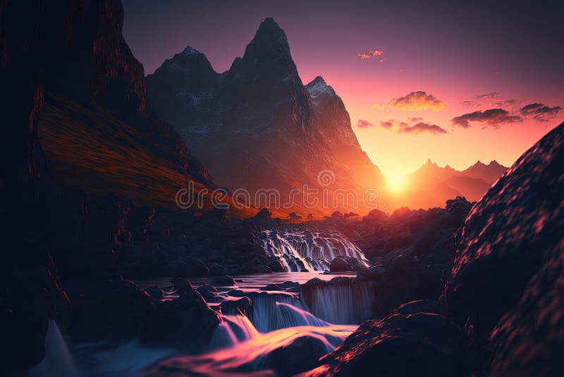 Mountain and Waterfall on Sunset Sky Abstract Background with Bokeh ...