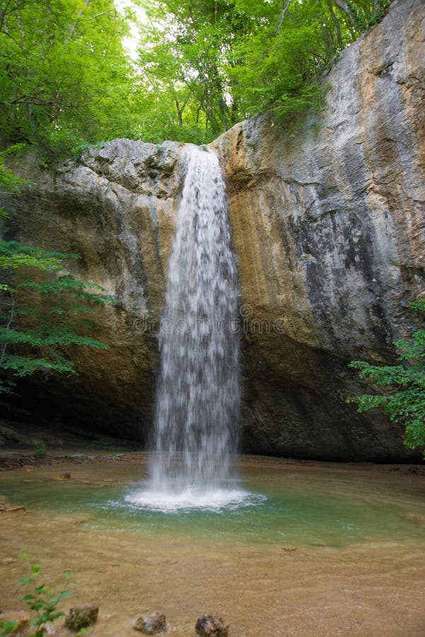 Mountain Waterfall Vertical in the Spring Forest Stock Image - Image of ...
