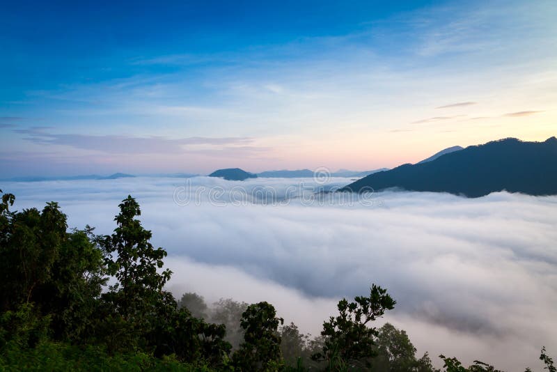 Mountain with White Mist in Morning Sunrise, Nature Landscape Stock ...
