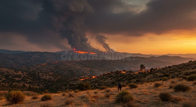 Mountain Wildfire at Sunset - a Scene of Devastation Stock Illustration ...
