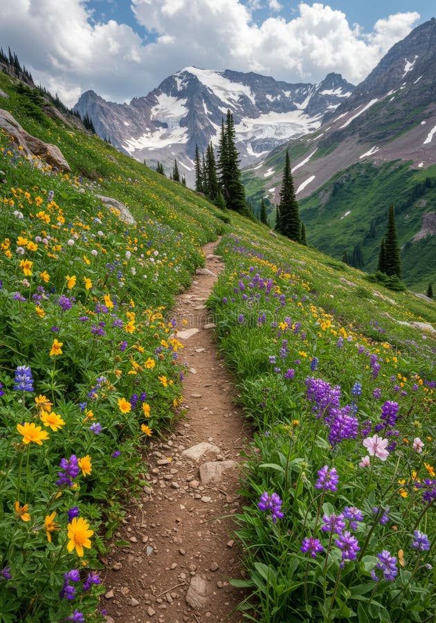 Mountain Wildflower Trail Hiking Path Stock Illustration - Illustration ...