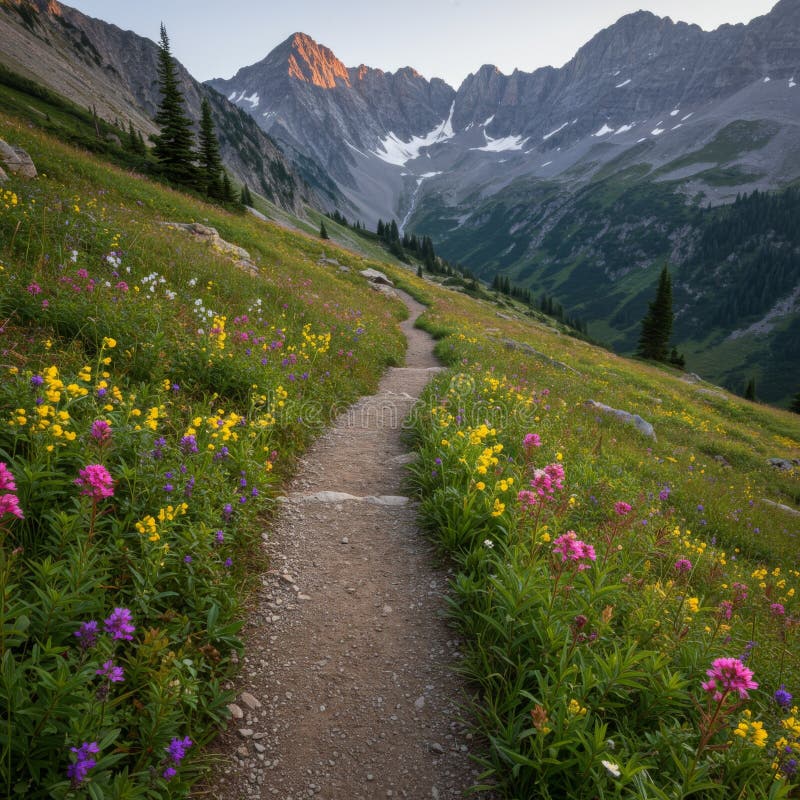 Mountain Wildflower Trail Path at Sunrise Stock Illustration ...