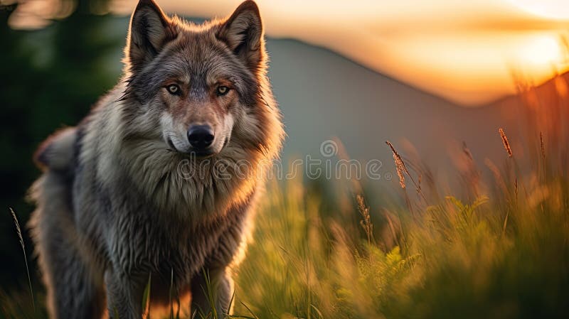 Mountain Wolf Standing in Green Tall Grass Against the Background of ...