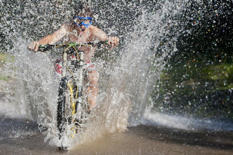 Mountainbiker Water Bike Downhill Splash Stock Image - Image of speed ...