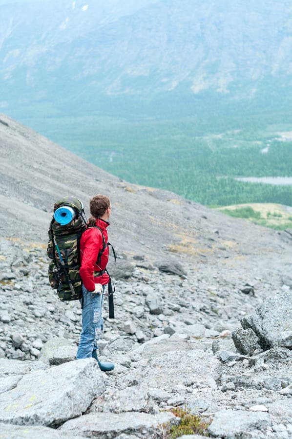 Mountaineer with Backpack in the Mountains on the Pass Stock Image ...